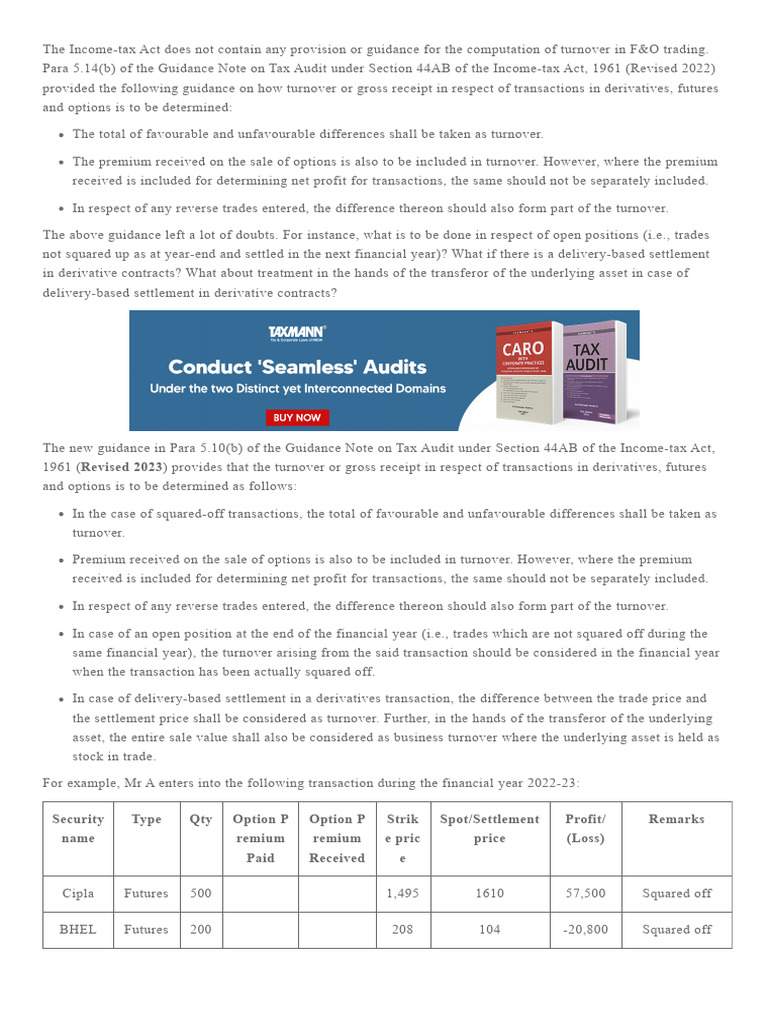 Tax Audit Turnover for F&O Trading | PDF | Option (Finance) | Futures ...