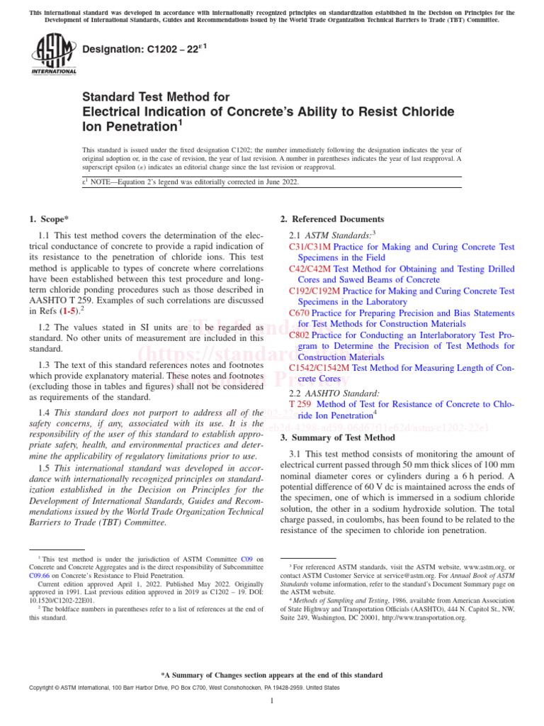 ASTM C1202 22e1 | PDF | Pressure Measurement | Concrete