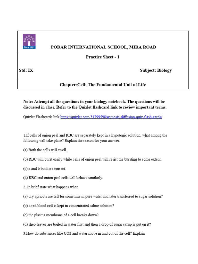 Cell_Practice Sheet -1 (1) | Download Free PDF | Osmosis | Water