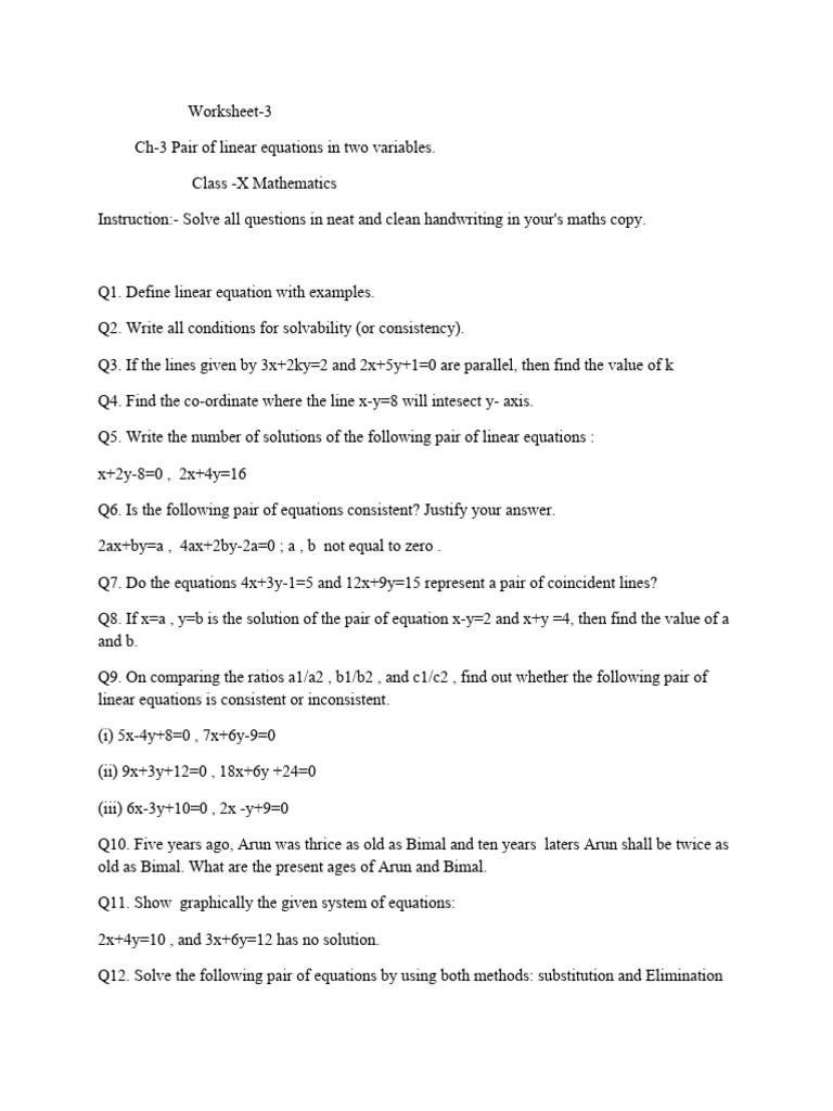 Worksheet - 3 (X-Maths, 2024-25) | PDF | Equations | Mathematics