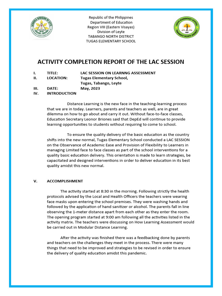 Activity Completion Report of The Lac Session | PDF | Distance ...