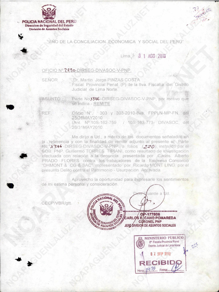 OFICIO #2920-DIRSEC-DIVASOC-V-PNP 31 AGO 2020. PARTE No. 1376-10-DIRSEG-DIVASOC-V-PNP. NALL. 17p ...