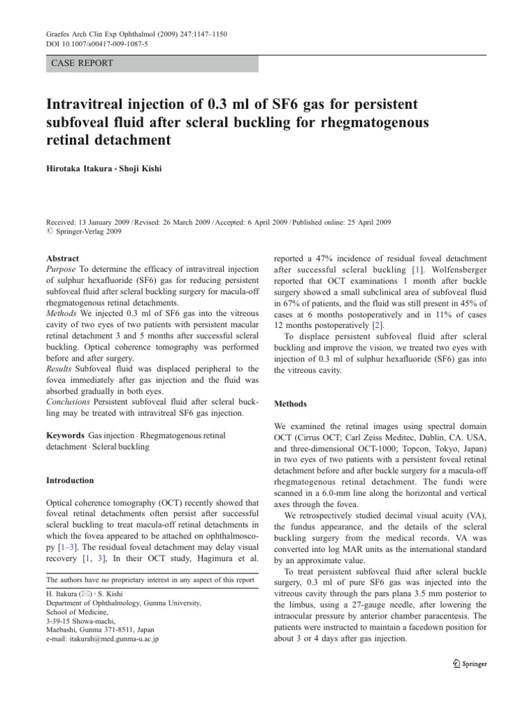 Intravitreal Injection Of 0 3 Ml Of Sf6 Gas For Persistent Pdf Retina Ophthalmology