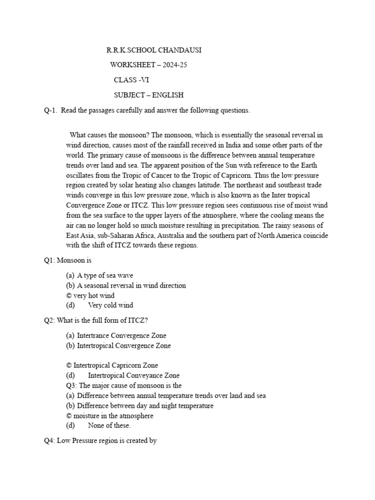 6 Class Worksheet 2024-25 | PDF | Monsoon | Earth Phenomena