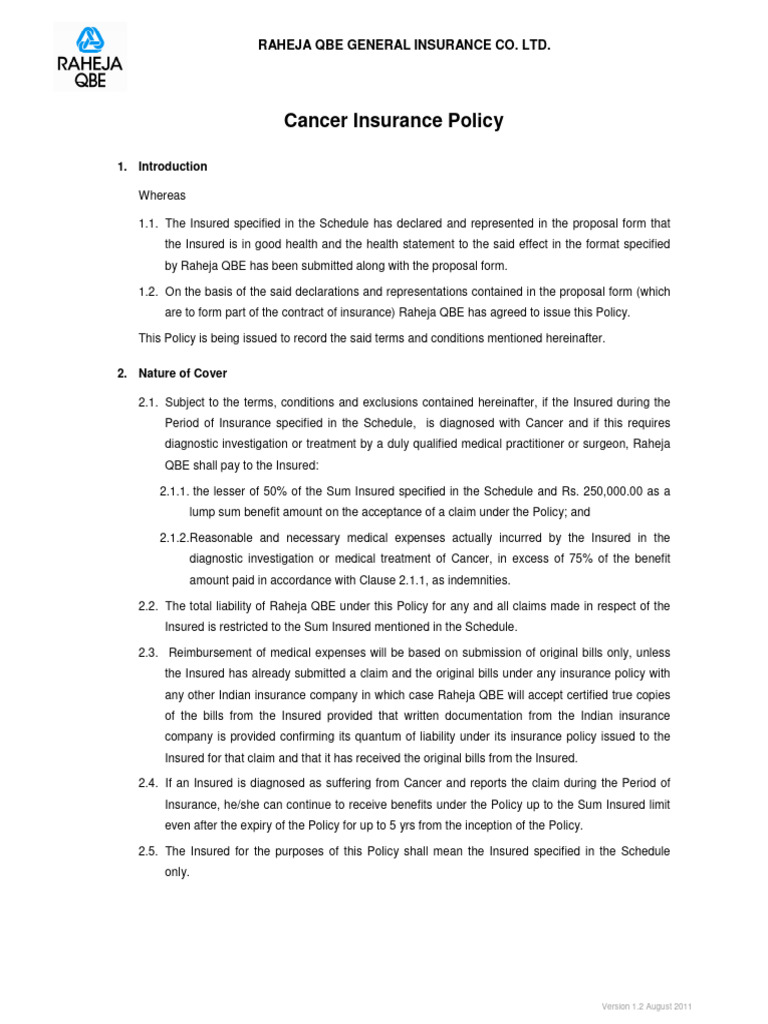 Cancer Insurance Policy - 2013-2014 | PDF | Insurance | Medical Diagnosis