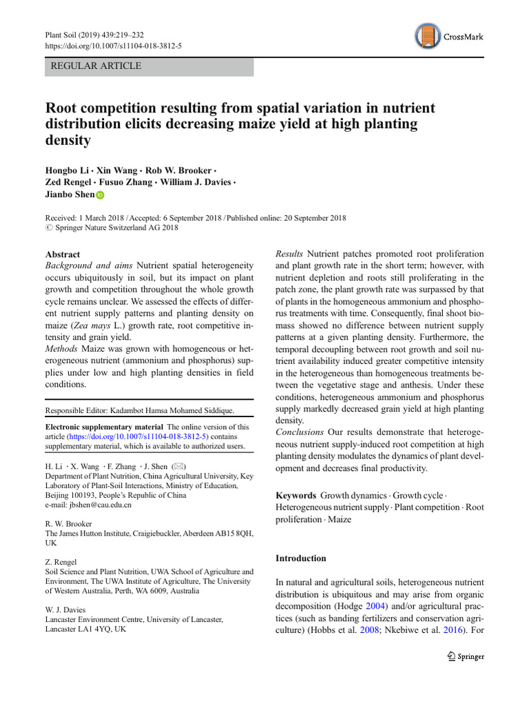 Root Competition Resulting From Spatial Variation in Nutrient Distribution Elicits Decreasing ...