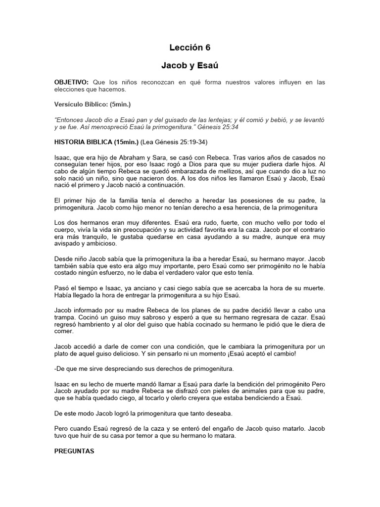 Jacob y Esau Leccion 6 | PDF | Jacob | Isaac