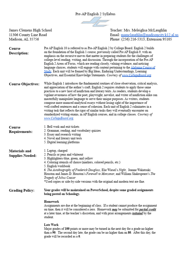 McLaughlin Pre-AP English 2 Syllabus | PDF | Turnitin | Essays