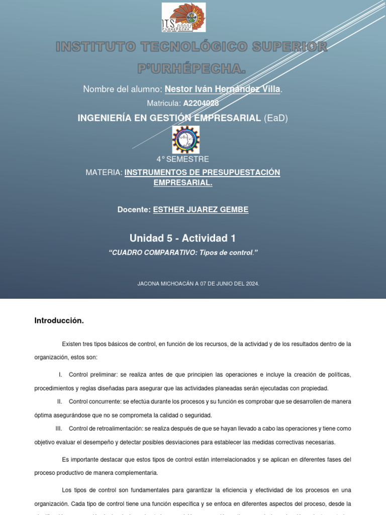 Cuadro Comparativo Tipos de Control Unidad 5 Act1 | Descargar gratis PDF | Planificación | Business