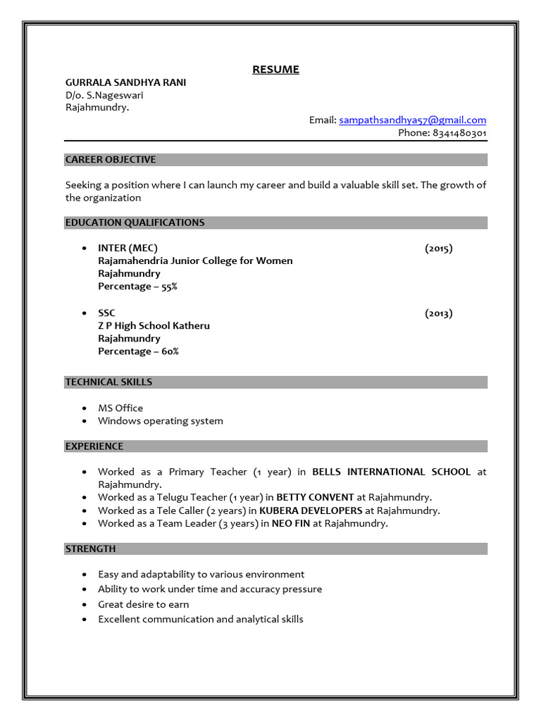 Resume: Gurrala Sandhya Rani | PDF