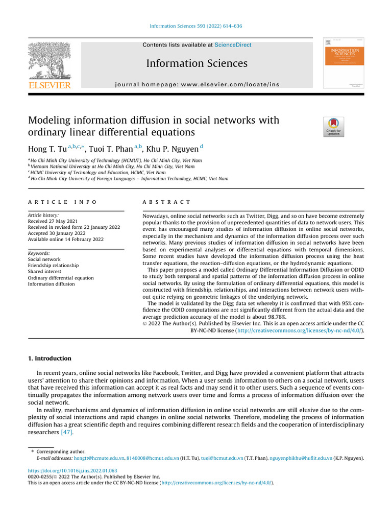 Modeling information diffusion in social networks with ordinary linear differential equations ...