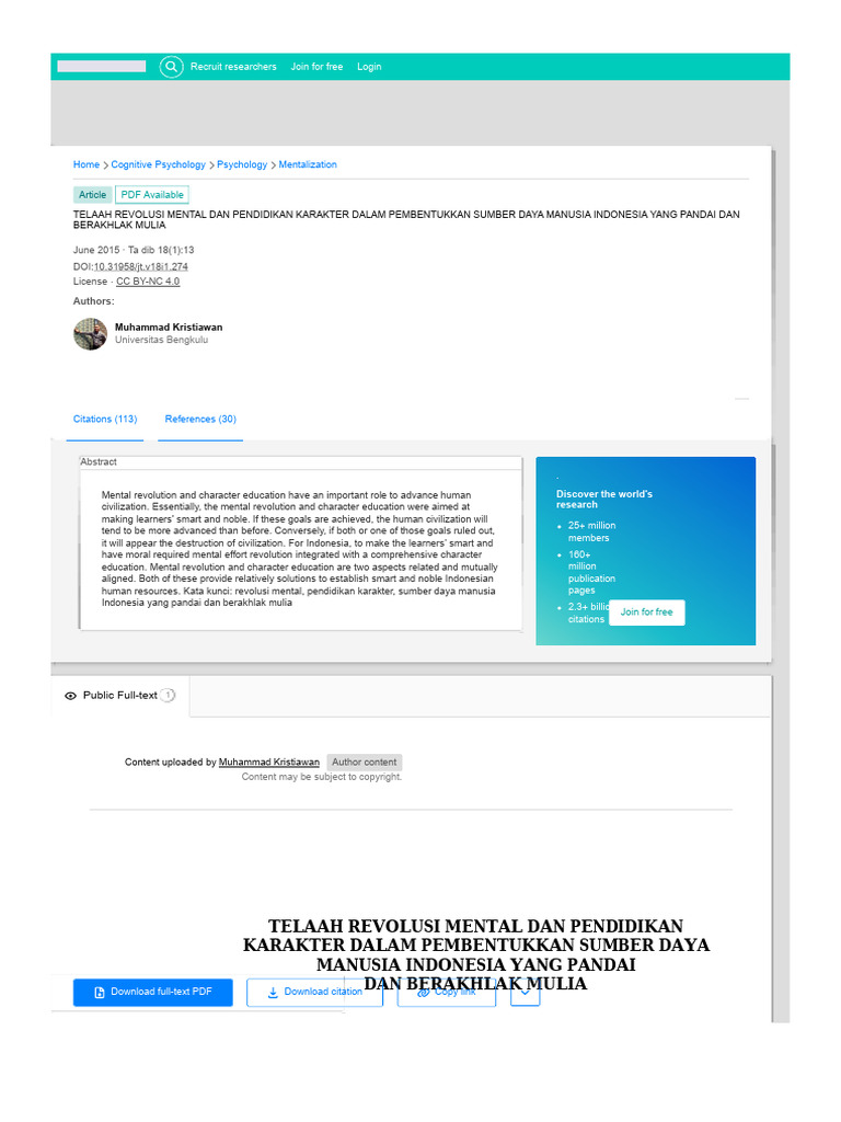 TELAAH REVOLUSI MENTAL DAN PENDIDIKAN KARAKTER DALAM PEMBENTUKKAN SUMBER DAYA MANUSIA INDONESIA ...