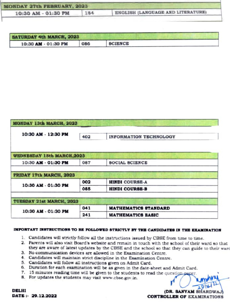CBSE official date sheet 2022-23 class 10 | PDF