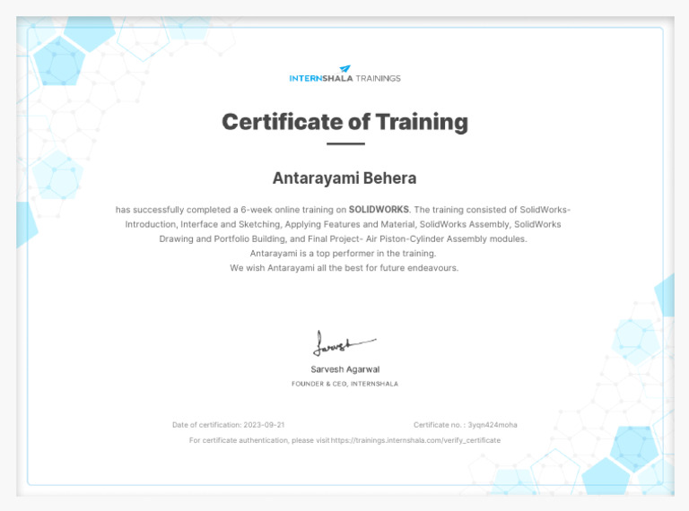 SOLIDWORKS Training - Certificate of Completion | PDF