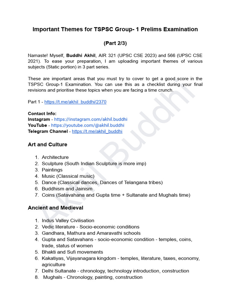 TSPSC Group-1 Prelims Key Themes Part 2 | PDF