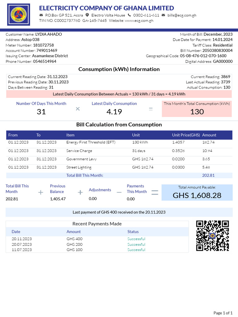 ECG PowerApp Bill DECEMBER | PDF | Electricity | Power (Physics)