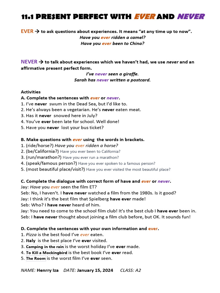 11.1 Present Perfect Ever-Never Worksheet | PDF