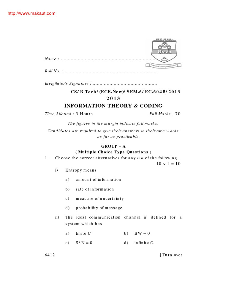 Information Theory & Coding Exam 2013 | PDF | Theoretical Computer ...