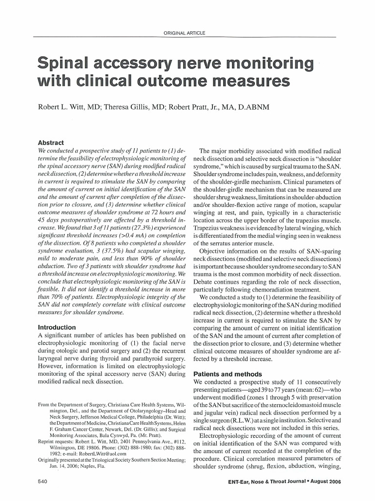 Witt Et Al 2006 Spinal Accessory Nerve Monitoring With Clinical Outcome ...