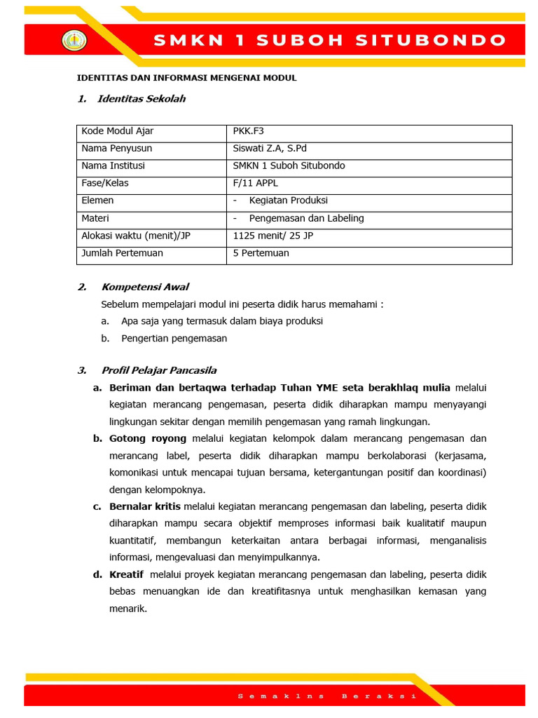 MODUL AJAR 3 PKK Pengemasan Dan Label - Fase F | PDF