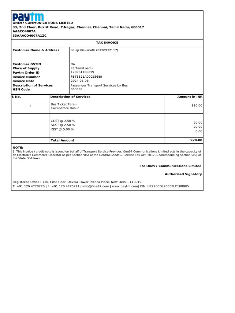 Paytm Bus Ticket Invoice Details | PDF