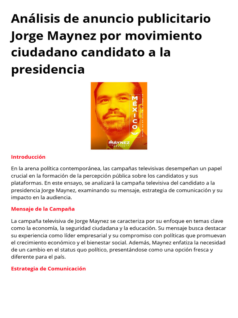 Análisis de Anuncio Publicitario Jorge Maines, Por Movimiento Ciudadano ...