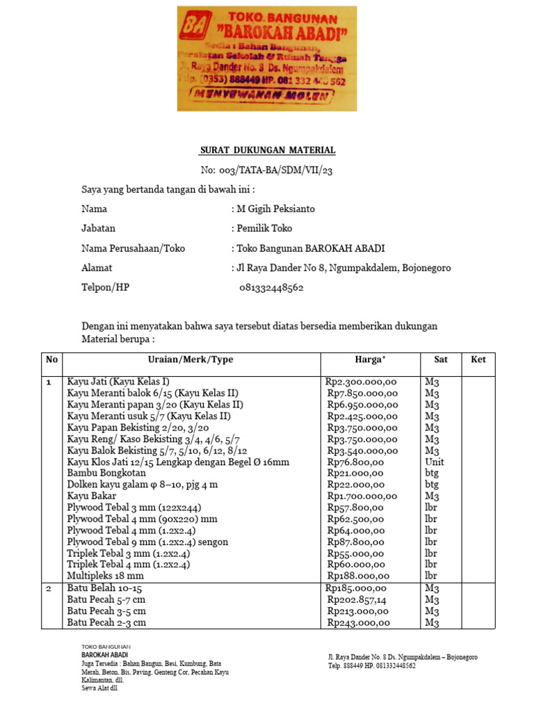 Surat Dukungan Material - CV TLP | PDF
