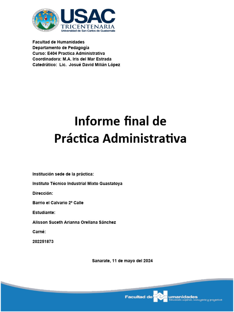INFORME ADMINISTRATIVO Alisson Orellana | PDF | Enseñando | Evaluación