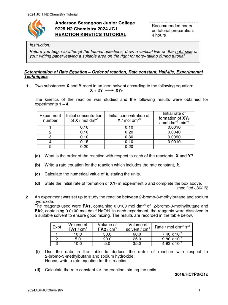 2024 H2 Reaction Kinetics Tutorial Qns | PDF | Reaction Rate | Catalysis