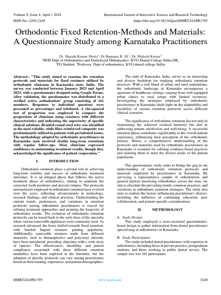 Orthodontic Fixed Retention-Methods and Materials: A Questionnaire Study Among Karnataka ...