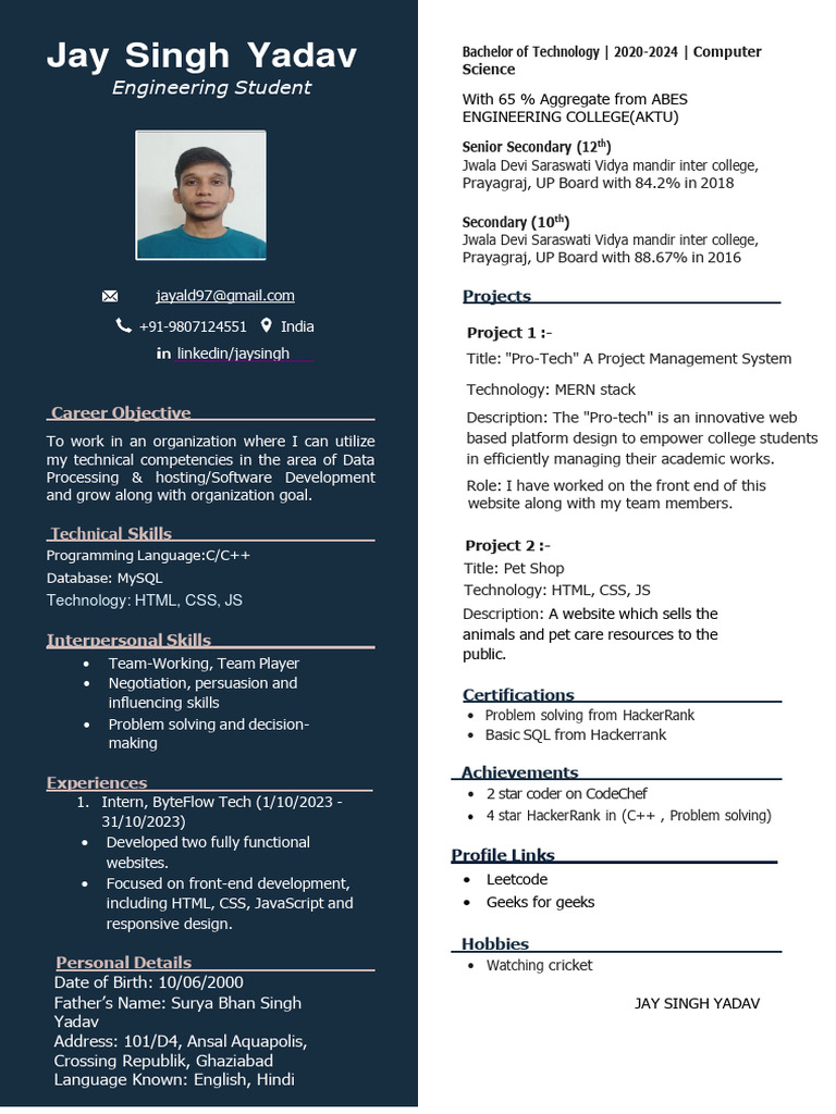 Jay Singh Yadav Resume | Download Free PDF | Computing | Software Engineering