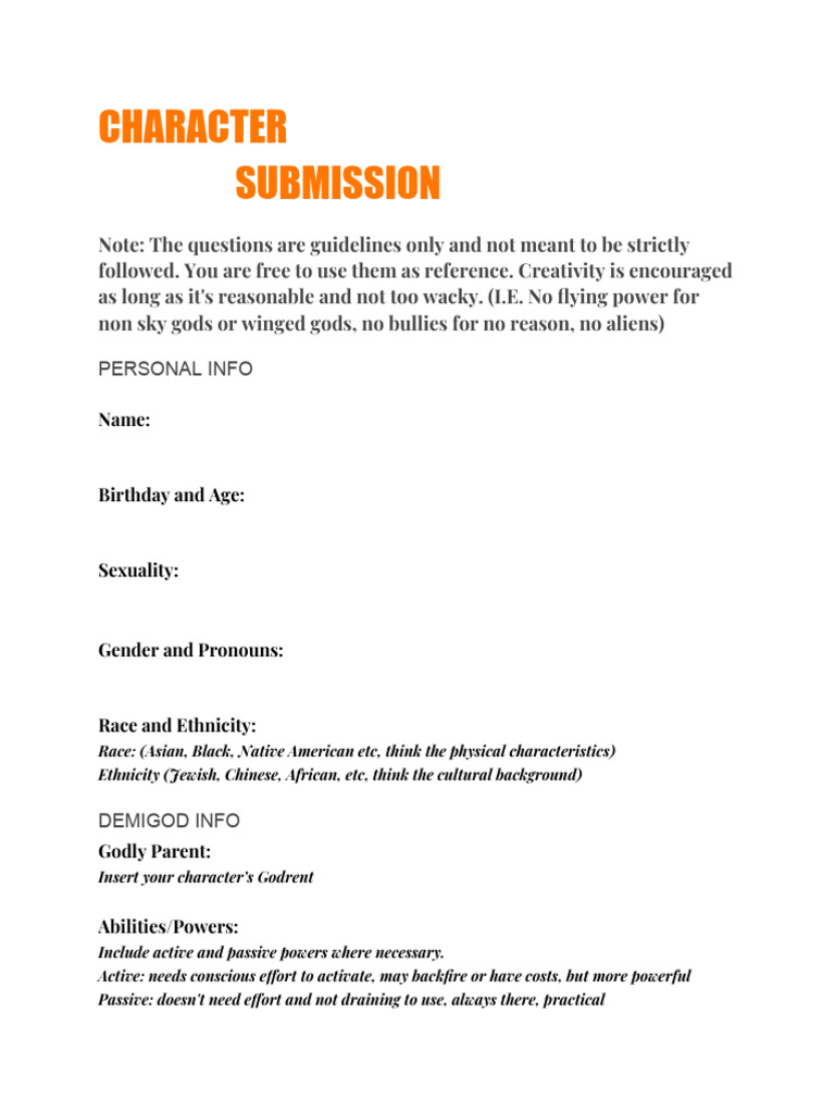 Demigod Character Submission Template | PDF | Race And Ethnicity In The ...