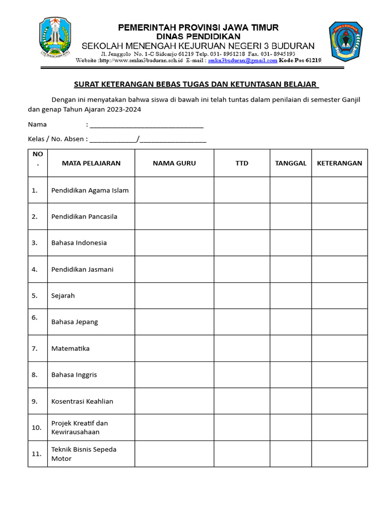 Surat Keterangan Bebas Tugas Dan Ketuntasan Belajar Xi TKR 2 Genap | PDF | Karier & Perkembangan ...