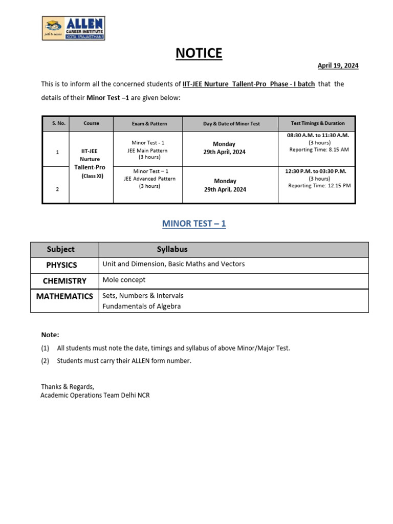 1 - JEE - Notice (M+A) - Nurture - TP - Phase-I - MT-1 On 29-April-2024 | PDF