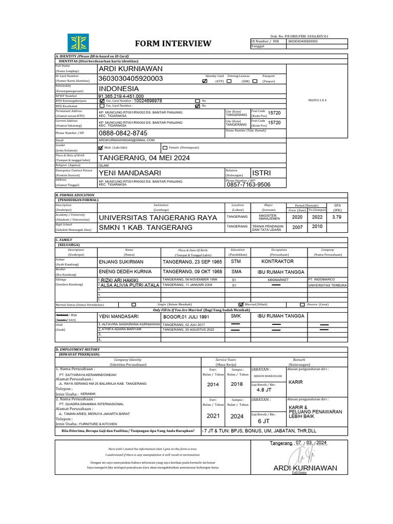 CONTOH Form Interview Karyawan Formosa ARDI KURNIAWAN 1 | PDF