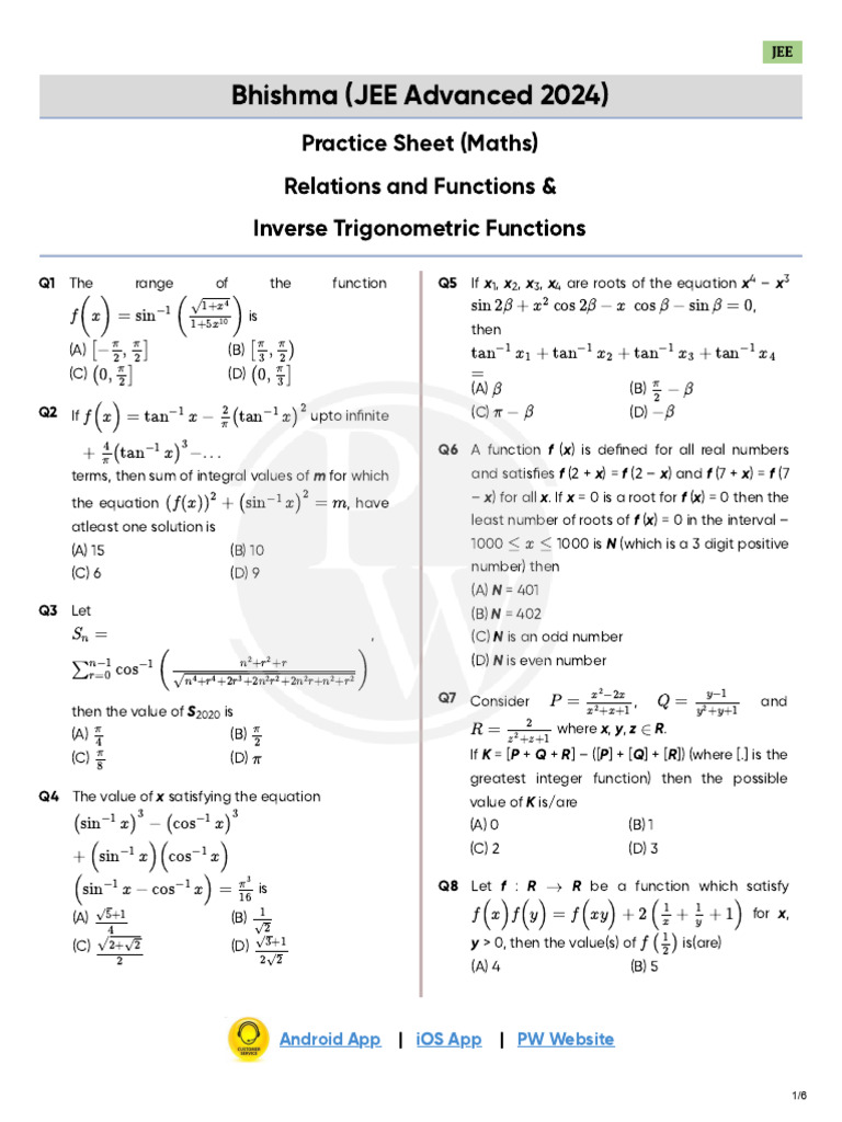 Bhishma (JEE Advanced 2024) : Practice Sheet (Maths) Relations and Functions & Inverse ...