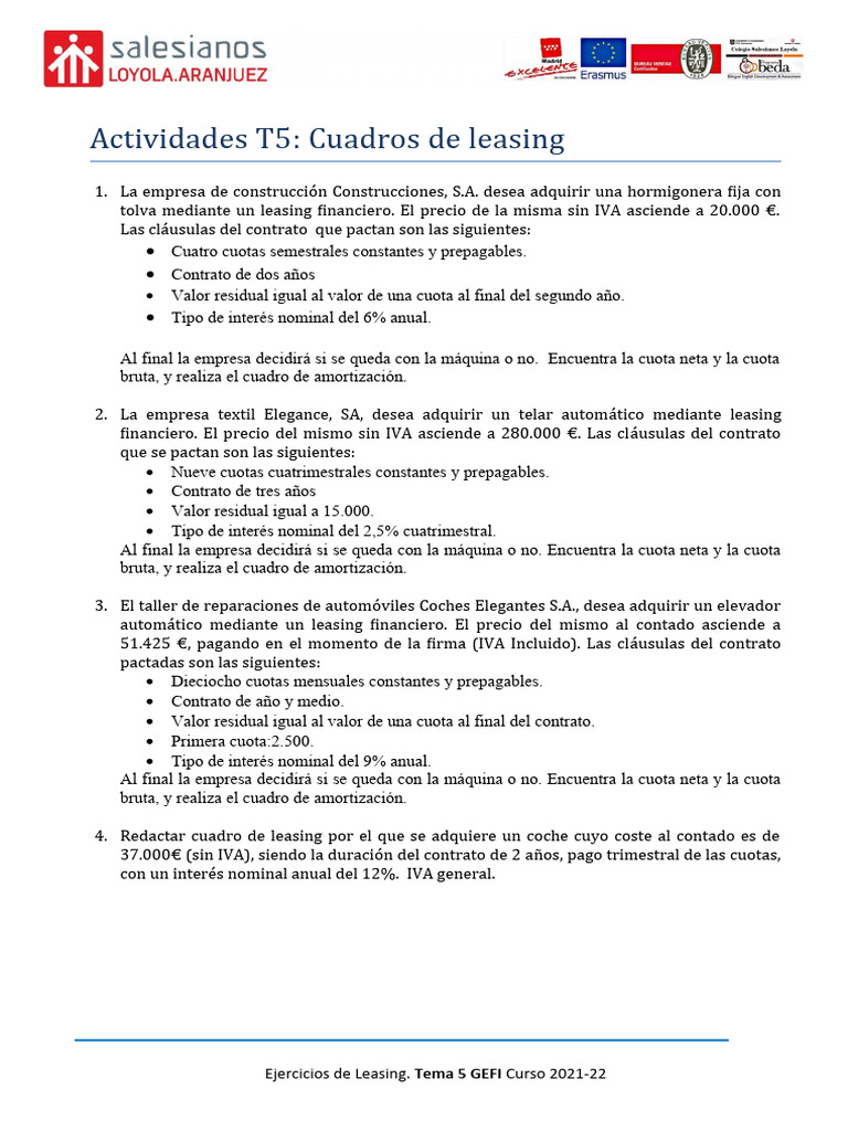 Ejercicios Cuadros de Leasing 2 | Descargar gratis PDF | Contabilidad | Contabilidad financiera