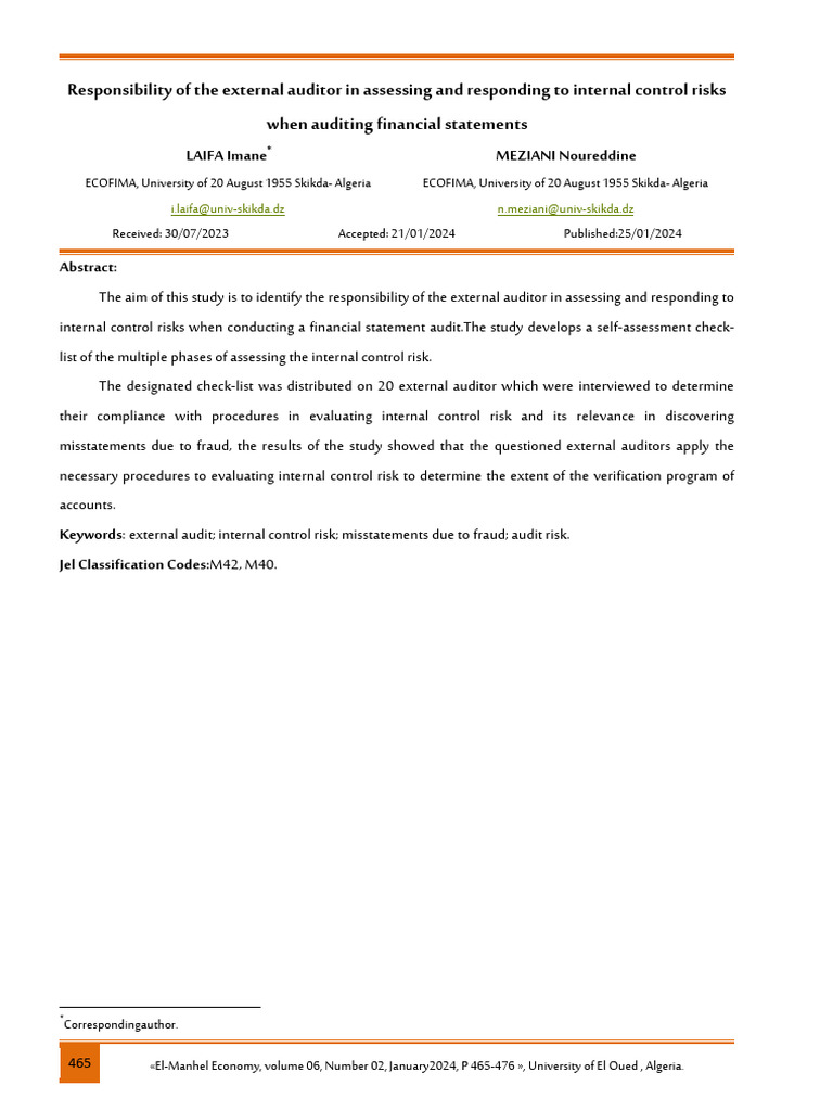 Responsibility of The External Auditor in Assessing and Responding To Internal Control Risks ...