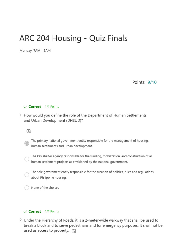 ARC 204 Housing - Quiz Finals | PDF