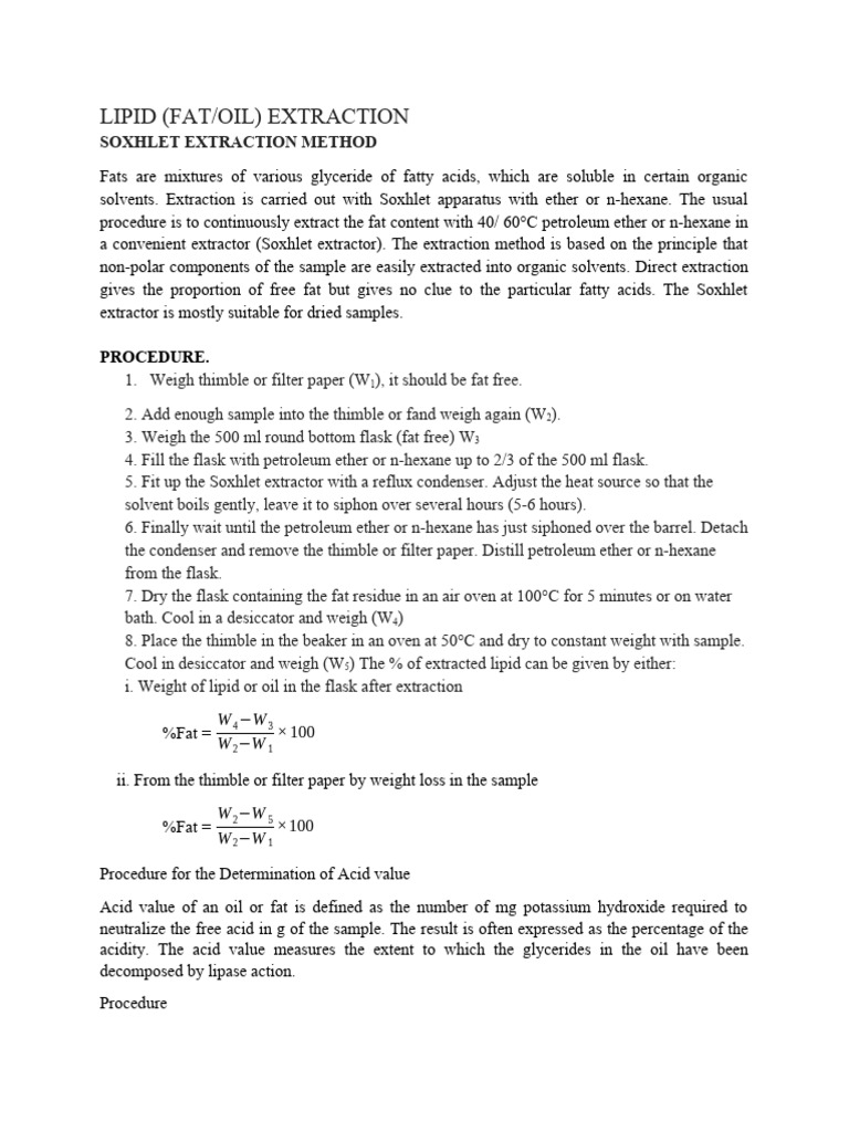 Extraction of Fat and Acid Value Determination | PDF | Chemical ...