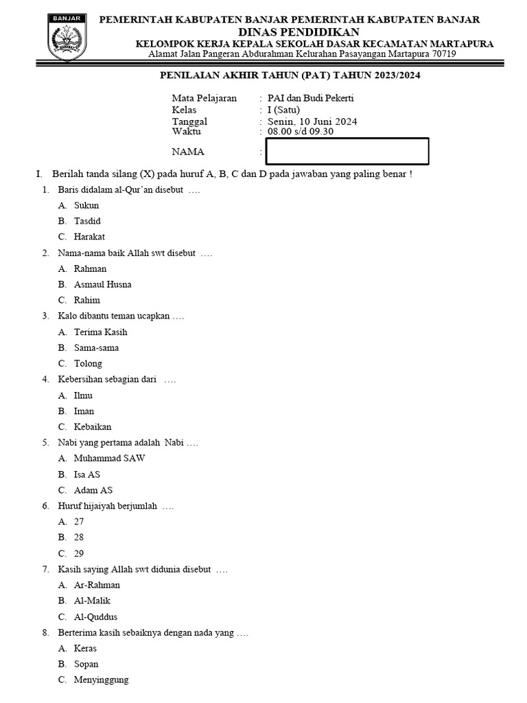 Soal PAT PAI Kelas 1 SD | PDF
