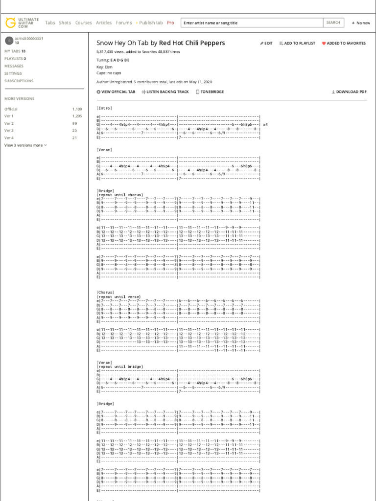 SNOW HEY OH TAB by Red Hot Chili Peppers @ | PDF | Song Structure | Songs