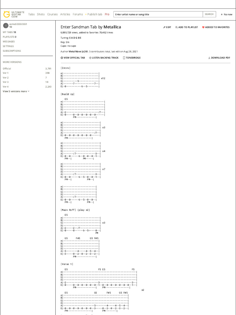 ENTER SANDMAN TAB (Ver 4) by Metallica @ | PDF | Sound Recording