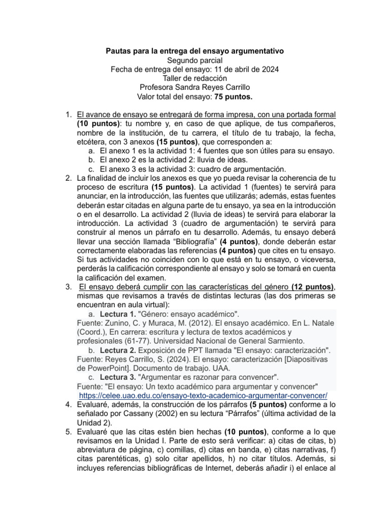 Pautas para La Entrega Del Ensayo Argumentativo | PDF | Ensayos