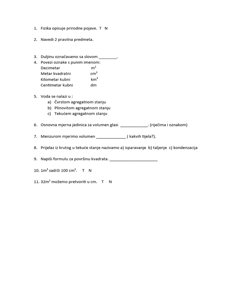Fizika - 7. Razred - 1. Ispit Grupa A - Kopija | PDF