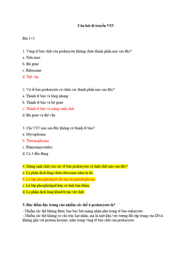 Câu Hỏi Ôn Tập Di Truyền VSV - Gửi SV | PDF