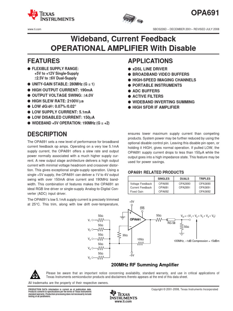 Opa 691 | PDF | Amplifier | Operational Amplifier