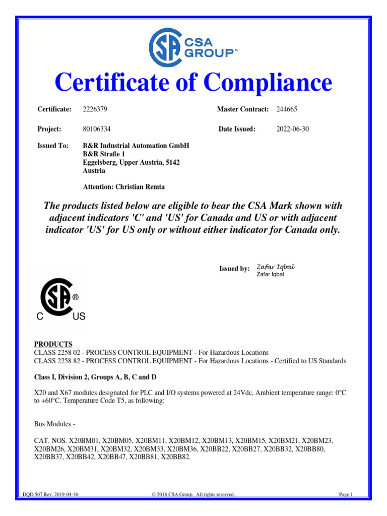CSA HazLoc Certificate of Compliance X20 X67 | PDF | Electrical ...