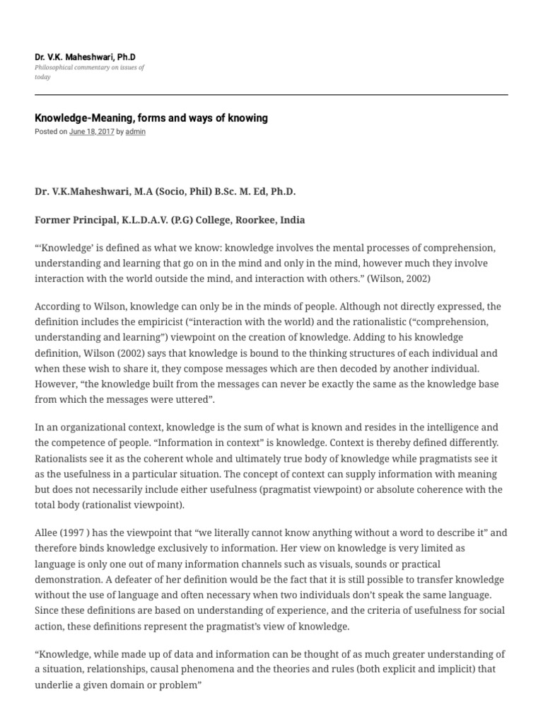 Knowledge-Meaning, Forms and Ways of Knowing - Dr. V.K. Maheshwari, PH.D | PDF | Knowledge | Reason