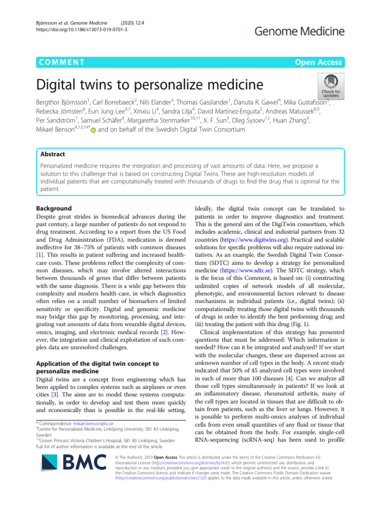 Digital Twins To Personalize Medicine: Comment Open Access | Download ...